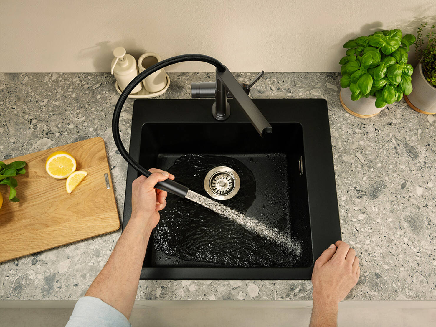 Kitchen faucet with three spray modes.