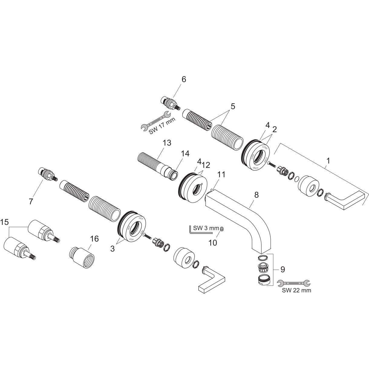雅生 面盆龙头: 雅生奇特里奥, 暗装墙出水三孔面盆龙头，出水嘴222mm，带一字把手和装饰盖, 货号 39147007