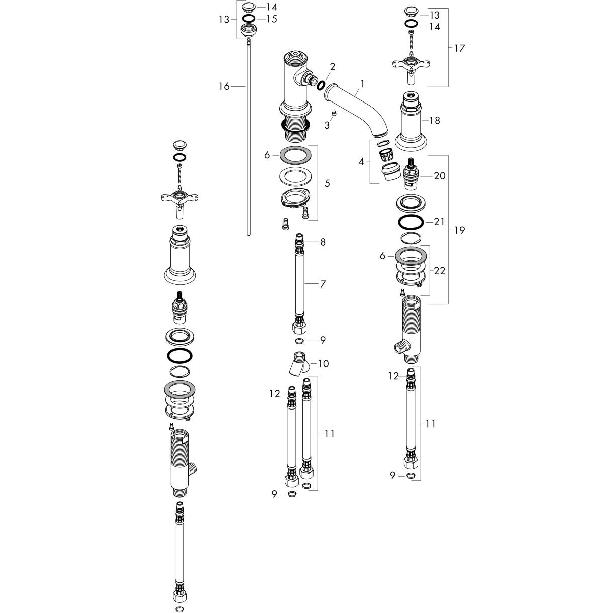 AXOR Washbasin mixers: AXOR Montreux, 3-hole basin mixer 30 with cross ...