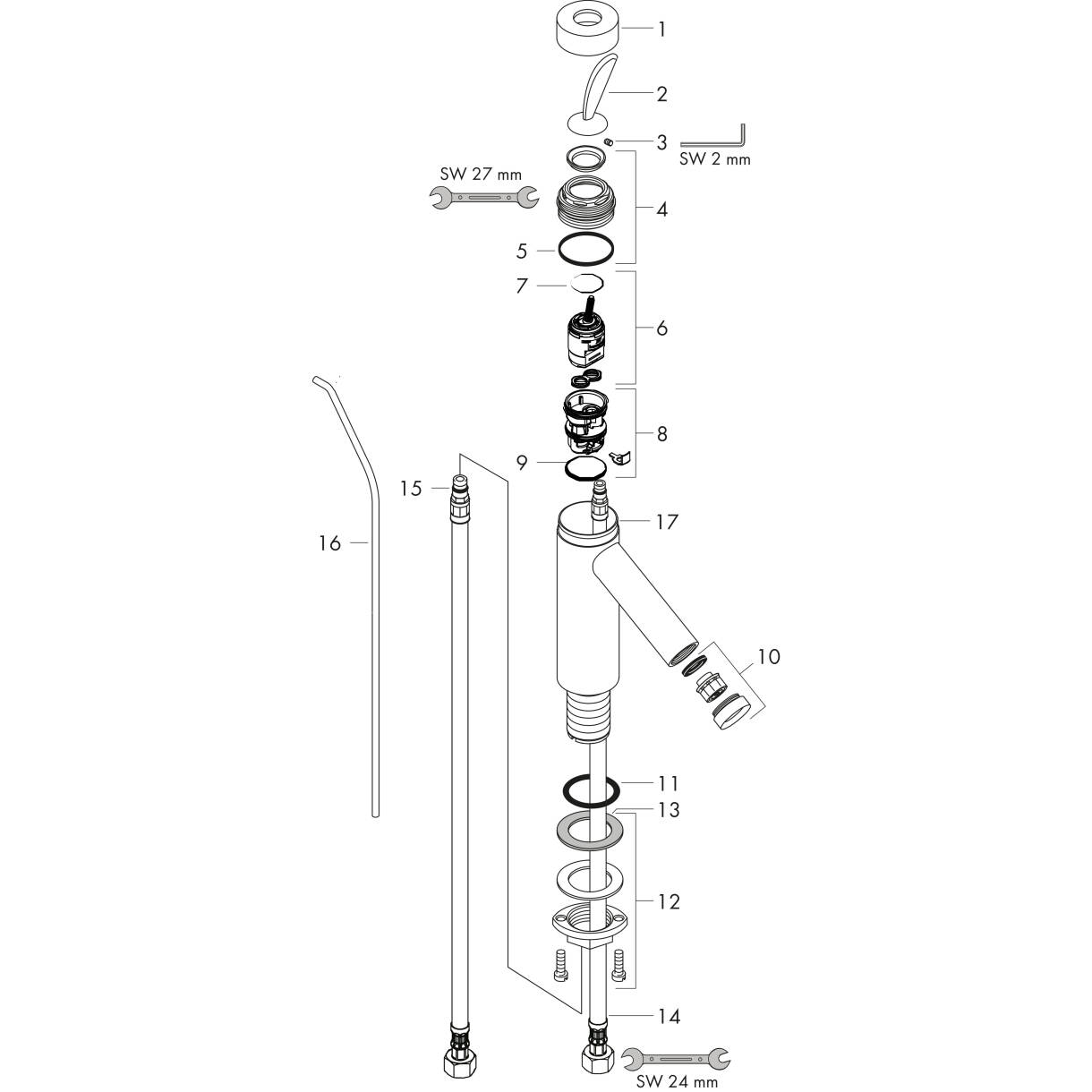 雅生 面盆龙头: 雅生斯达克, 单把手面盆龙头70，带提拉落水套件, 货号 10010007