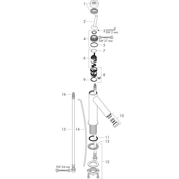 雅生 面盆龙头: 雅生斯达克, 单把手面盆龙头90，带摇杆把手和提拉落水套件, 货号 10111007