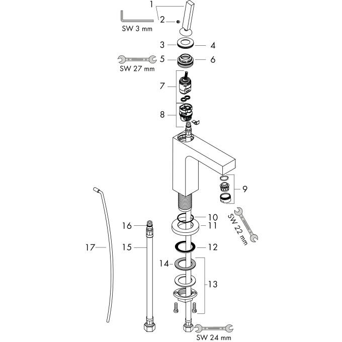 雅生 面盆龙头: 雅生奇特里奥, 单把手面盆龙头110，带摇杆把手和提拉落水套件, 货号 39010007