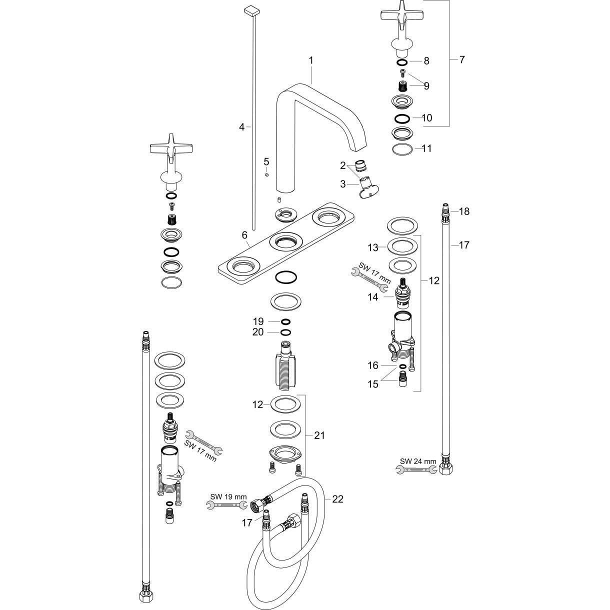 雅生 面盆龙头: 雅生奇特里奥 E, 三孔面盆龙头170，带面板和提拉落水套件, 货号 36116007