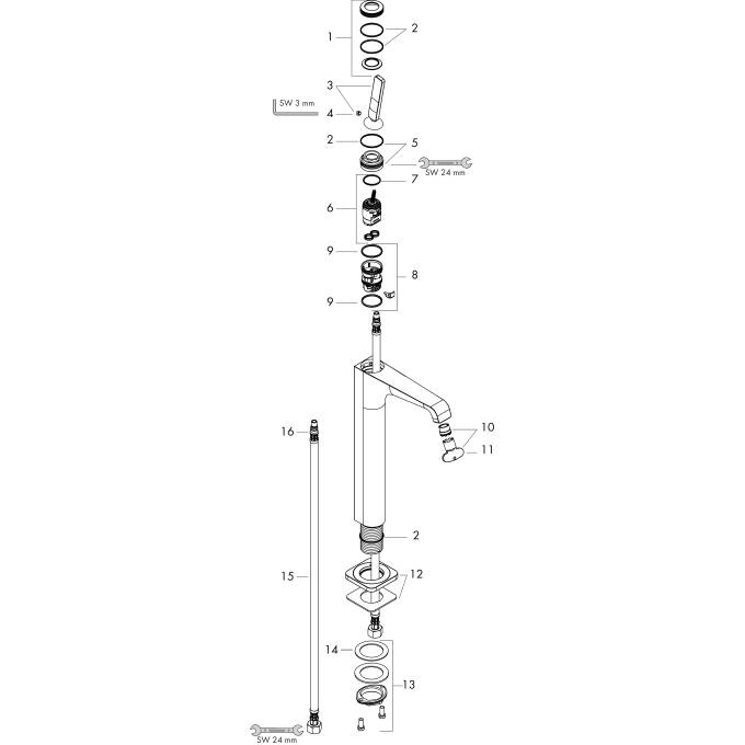 雅生 面盆龙头: 雅生奇特里奥 E, 单把手面盆龙头250，带摇杆把手，带长流水型落水套件, 货号 36104007