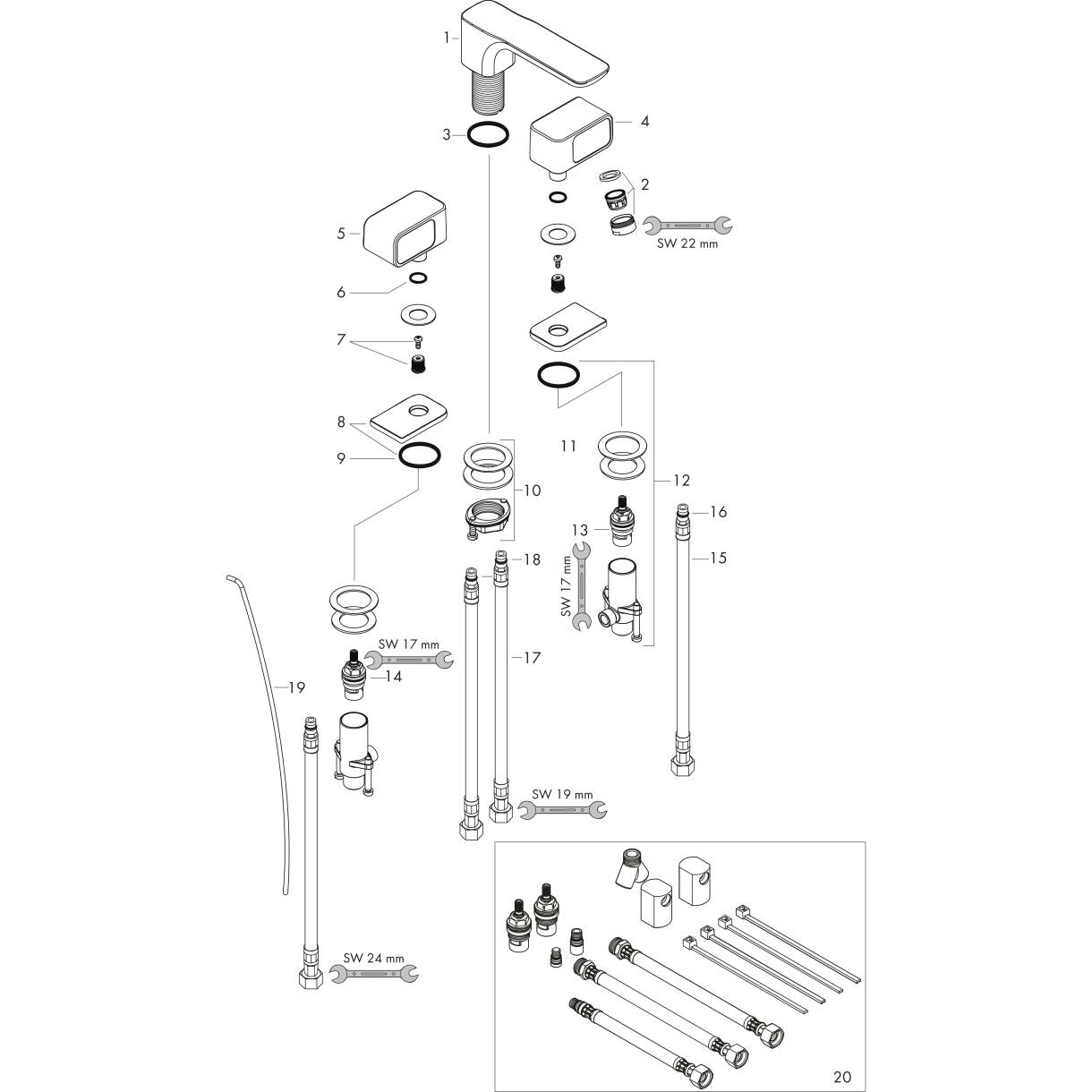 雅生 面盆龙头: 雅生奥奇拉, 三孔面盆龙头50，带装饰盖和提拉落水套件, 货号 11041007