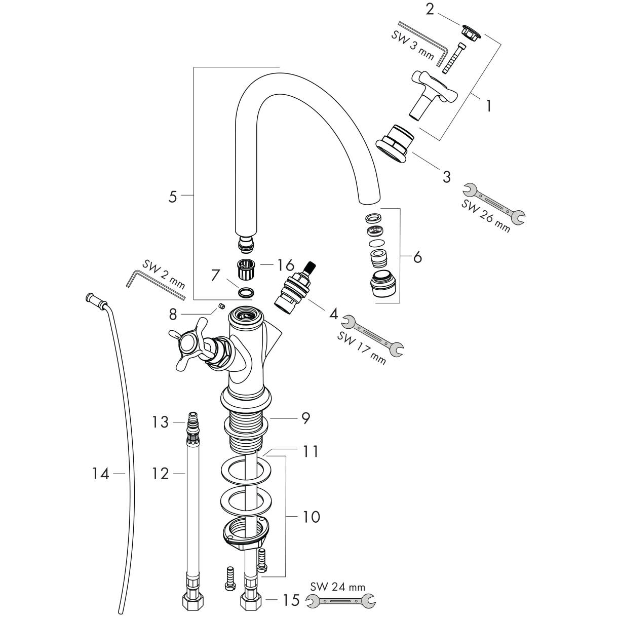 雅生 面盆龙头: 雅生蒙特勒, 双把手面盆龙头210，带十字把手和提拉落水套件, 货号 16502007