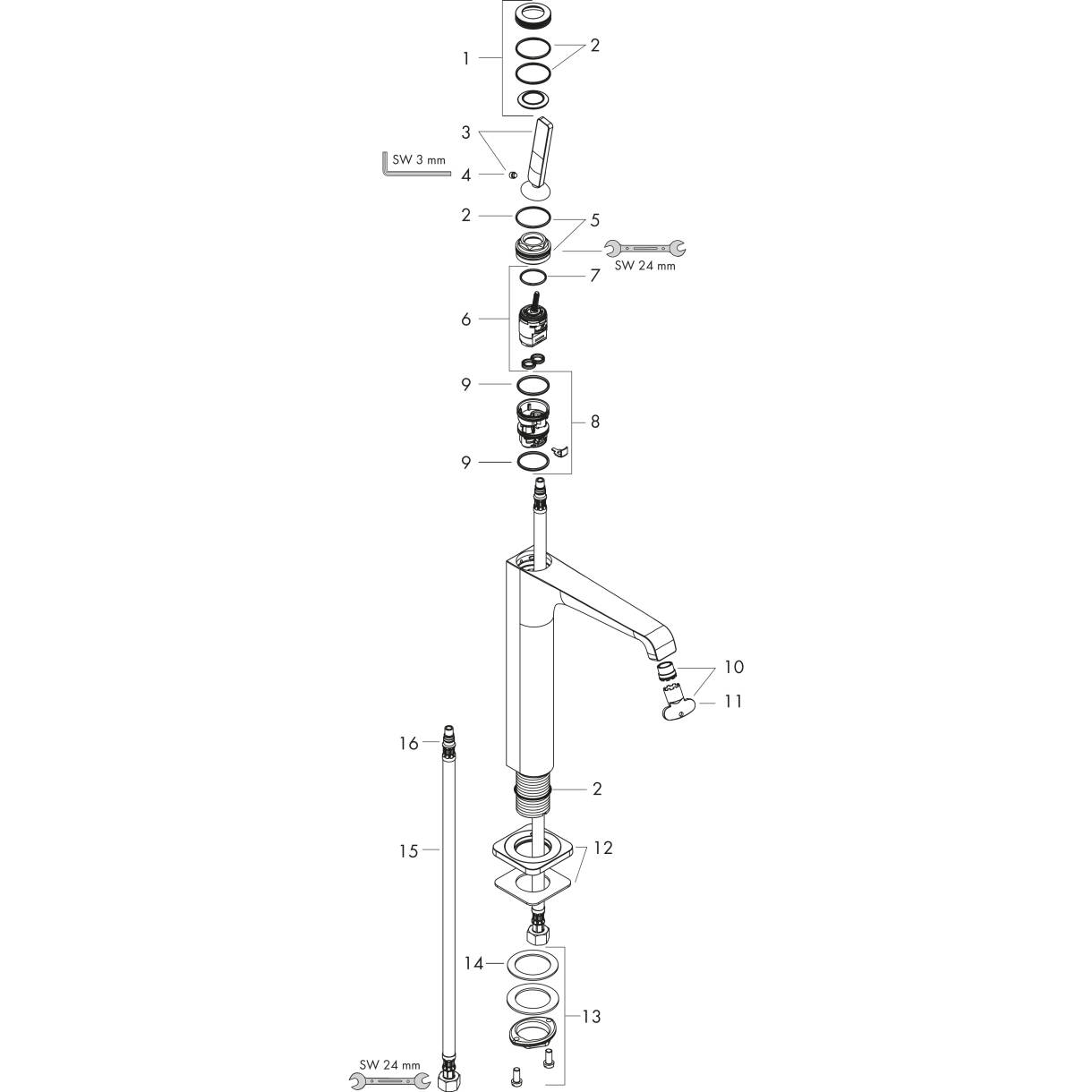 雅生 面盆龙头: 雅生奇特里奥 E, 单把手面盆龙头190，带摇杆把手，带长流水型落水套件, 货号 36103007