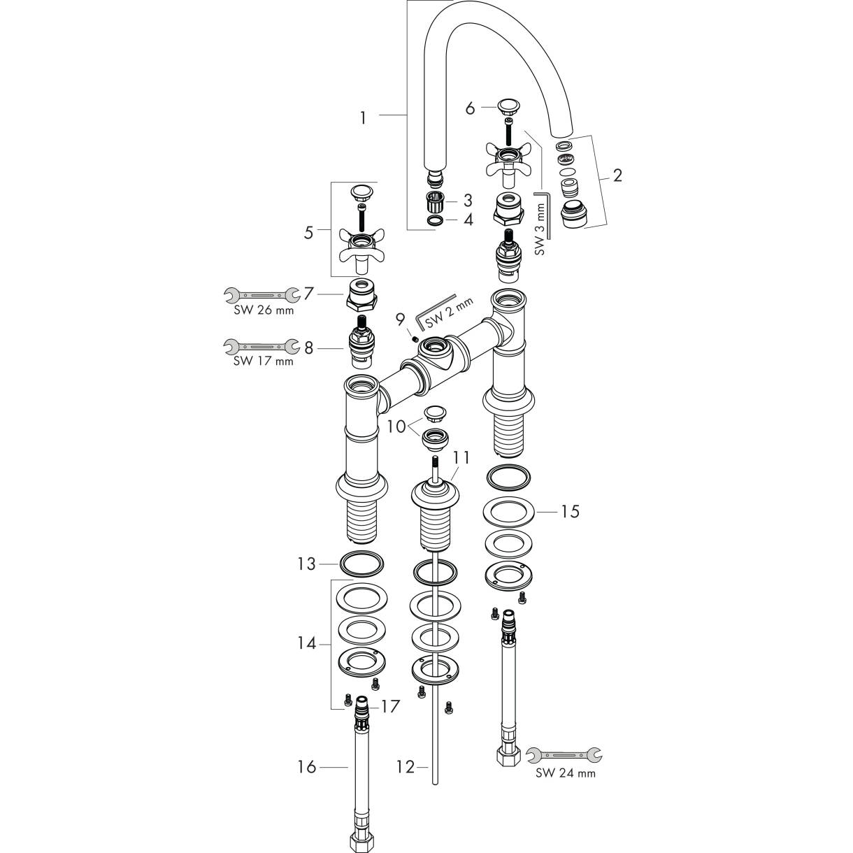 雅生 面盆龙头: 雅生蒙特勒, 双把手面盆龙头220，带十字把手和提拉落水套件, 货号 16510007
