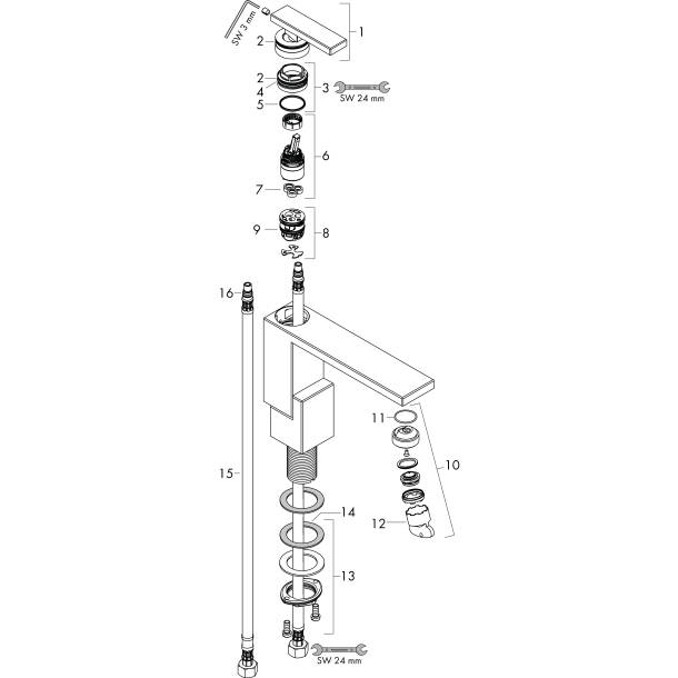 雅生 面盆龙头: 雅生锋芒, 单把手面盆龙头130，带按压落水套件 钻石切割版本, 货号 46011007