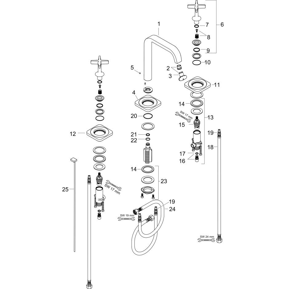 雅生 面盆龙头: 雅生奇特里奥 E, 三孔面盆龙头170，带装饰盖和提拉落水套件, 货号 36108007
