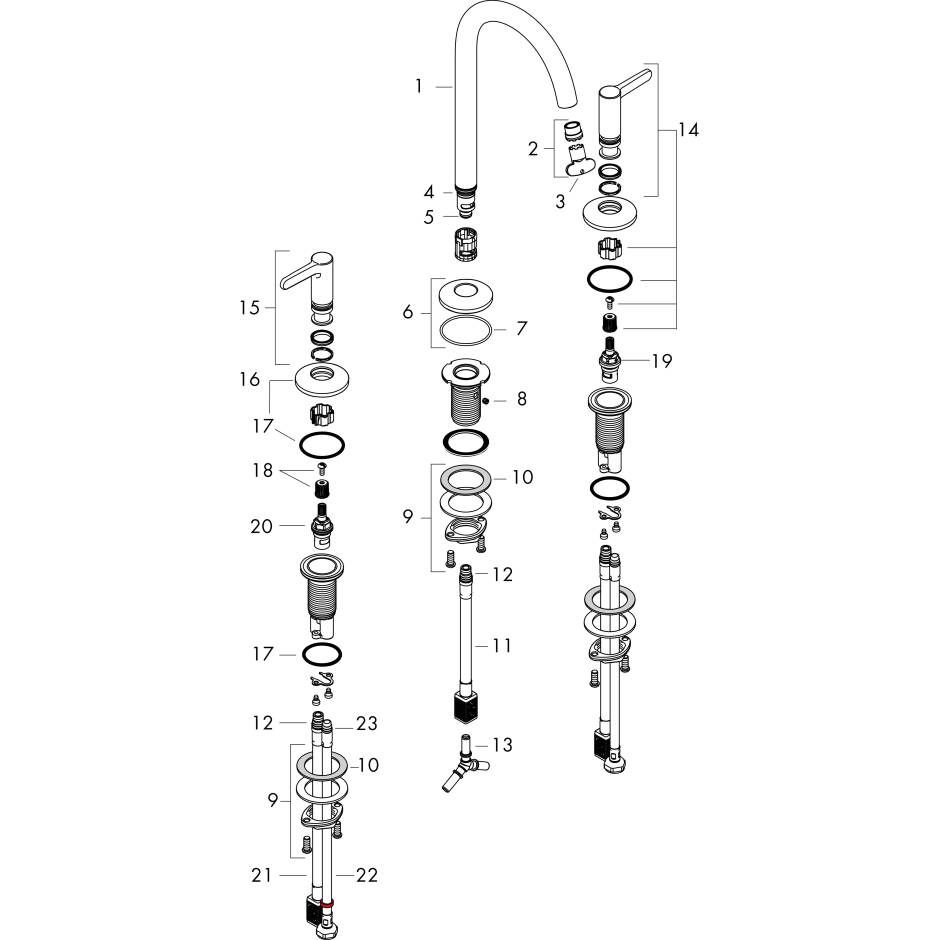 雅生 面盆龙头: 雅生 One, 三孔面盆龙头130，带按压落水套件, 货号 48050007