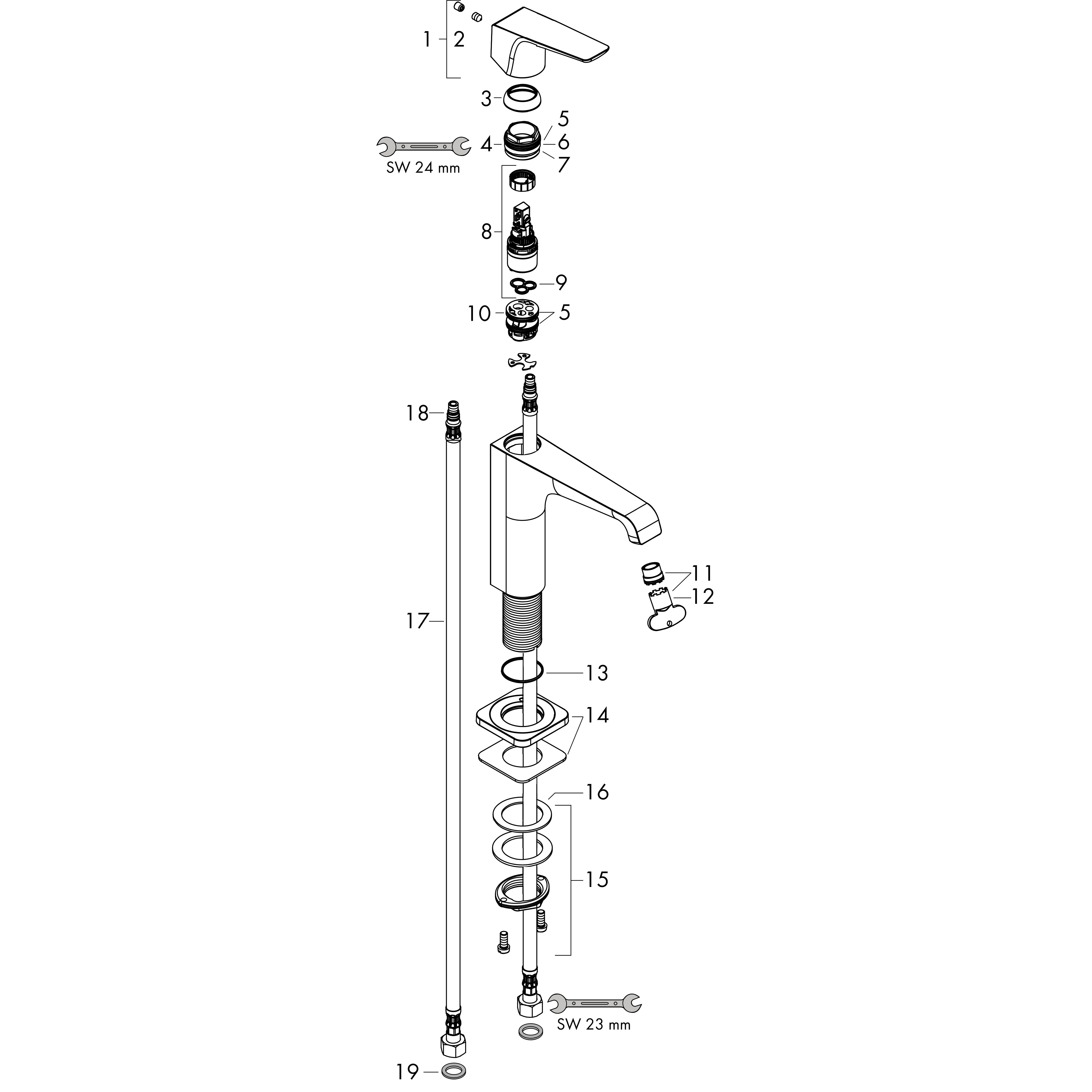 雅生 面盆龙头: 雅生奇特里奥 E, 单把手面盆龙头90，带一字把手和长流水型落水套件, 货号 36112007