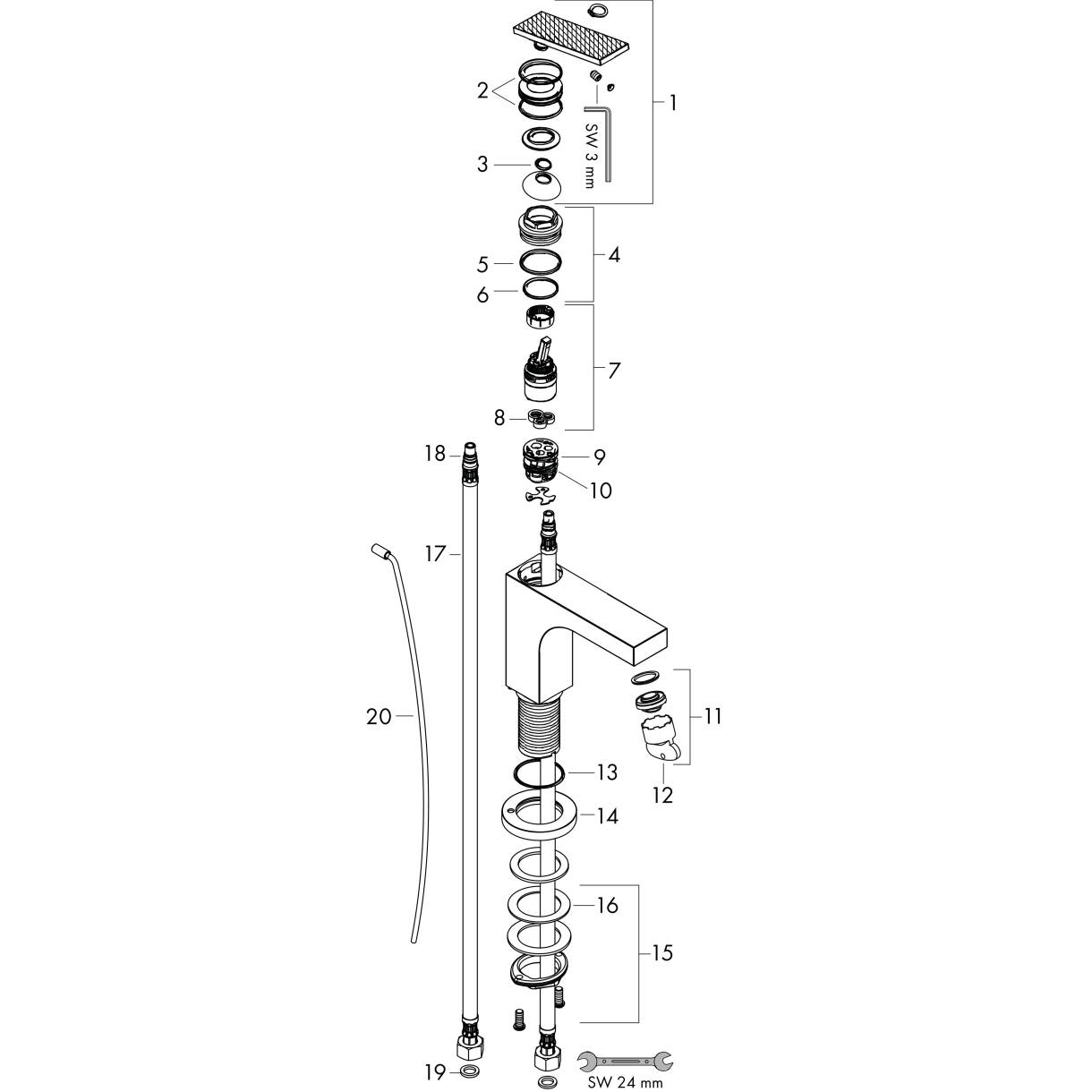 雅生 面盆龙头: 雅生奇特里奥, 单把面盆龙头160，带一字把手和提拉落水套件 菱形切割版本, 货号 39071007