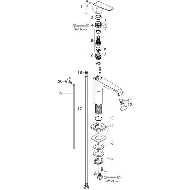 雅生 面盆龙头: 雅生奇特里奥 E, 单把手面盆龙头130，带一字把手和提拉落水套件, 货号 36110007