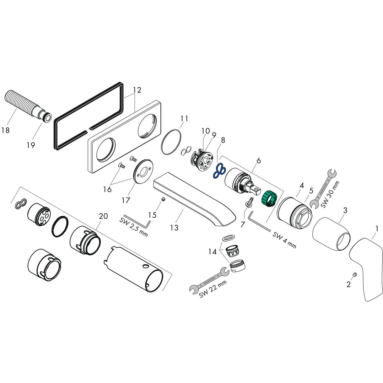 汉斯格雅 面盆龙头: 梦迪诗, 暗装墙出水单把手面盆龙头，出水嘴165mm, 货号 31085007