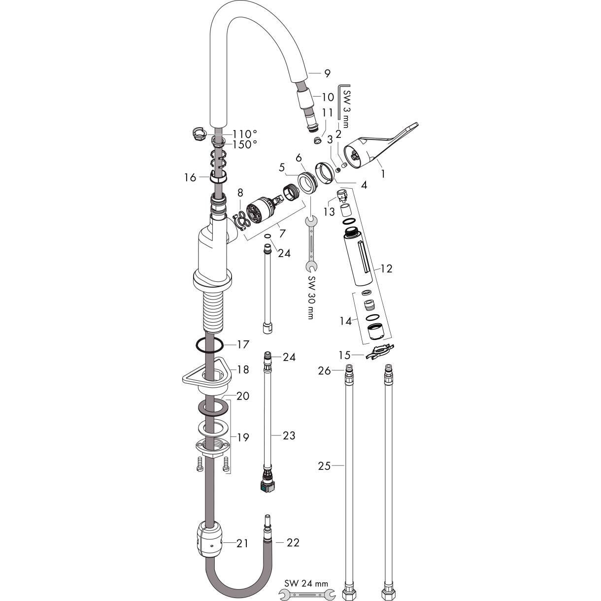 雅生 厨房龙头: 雅生奇特里奥, 单把手厨房龙头250，带抽拉式出水嘴, 货号 39835007