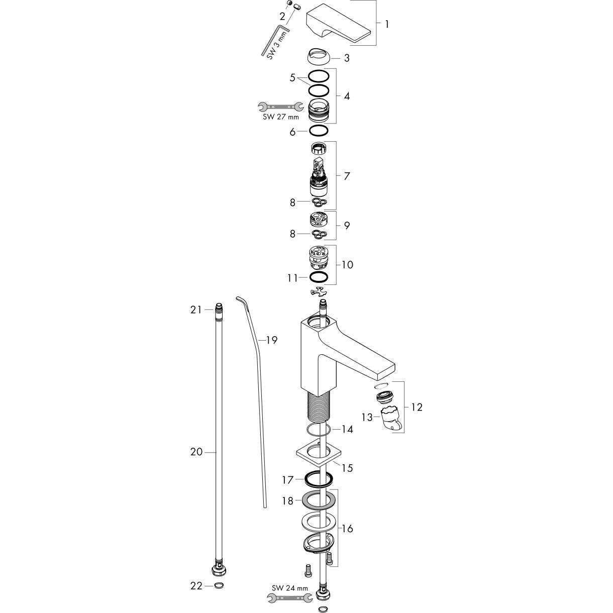 汉斯格雅 面盆龙头: 梦迪宝, 单把手面盆龙头110，带一字把手和按压落水套件, 货号 32507147