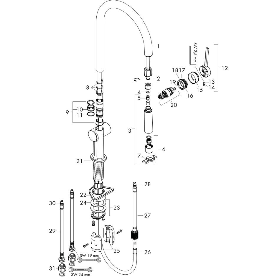 汉斯格雅 厨房龙头: 达丽丝 M54, 单把手厨房龙头210，带抽拉式出水嘴，两种出水模式, 货号 72800007