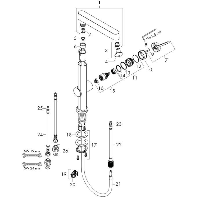 汉斯格雅 面盆龙头: 翡诺偲, 单把手面盆龙头230，带抽拉式出水嘴和按压落水套件，两种出水模式, 货号 76063007