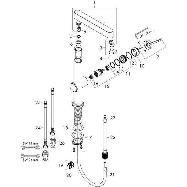 汉斯格雅 面盆龙头: 翡诺偲, 单把手面盆龙头230，带抽拉式出水嘴和按压落水套件，两种出水模式, 货号 76063007