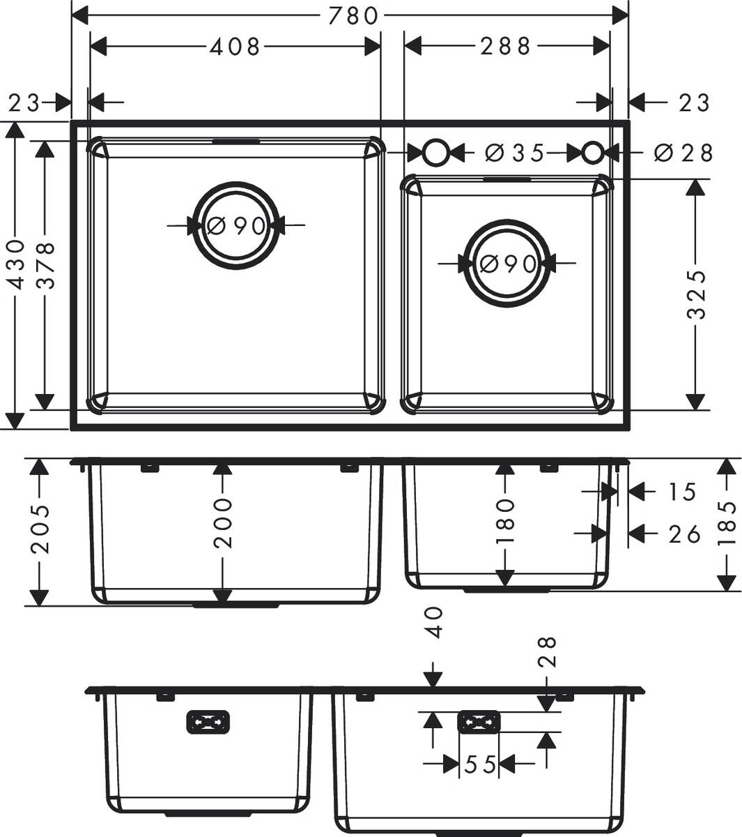 hansgrohe Sinks: S43, S432-F730 Built-in sink 410/290, 2 holes incl ...